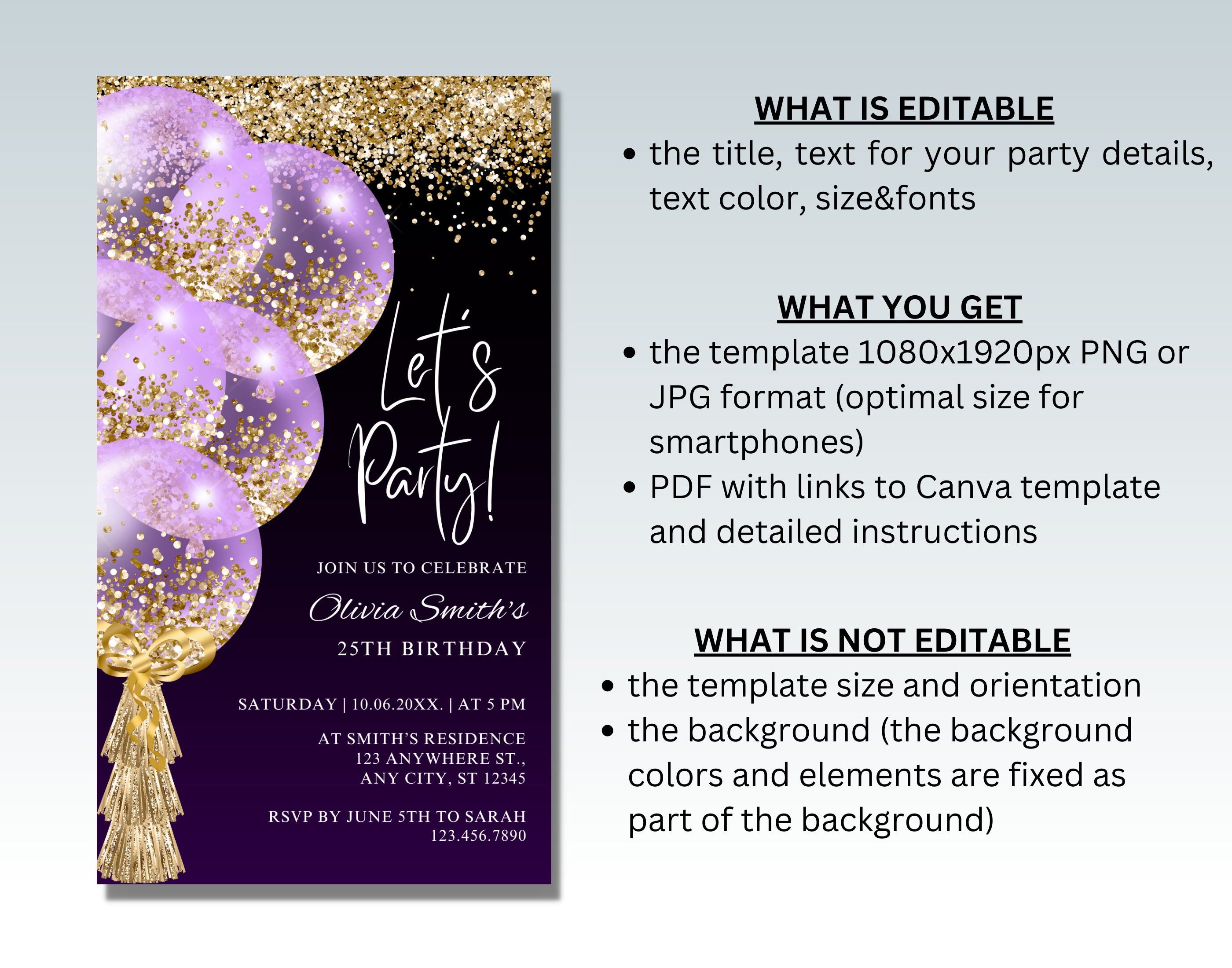 Digital Purple Gold Birthday Party Invitation Editable - Etsy