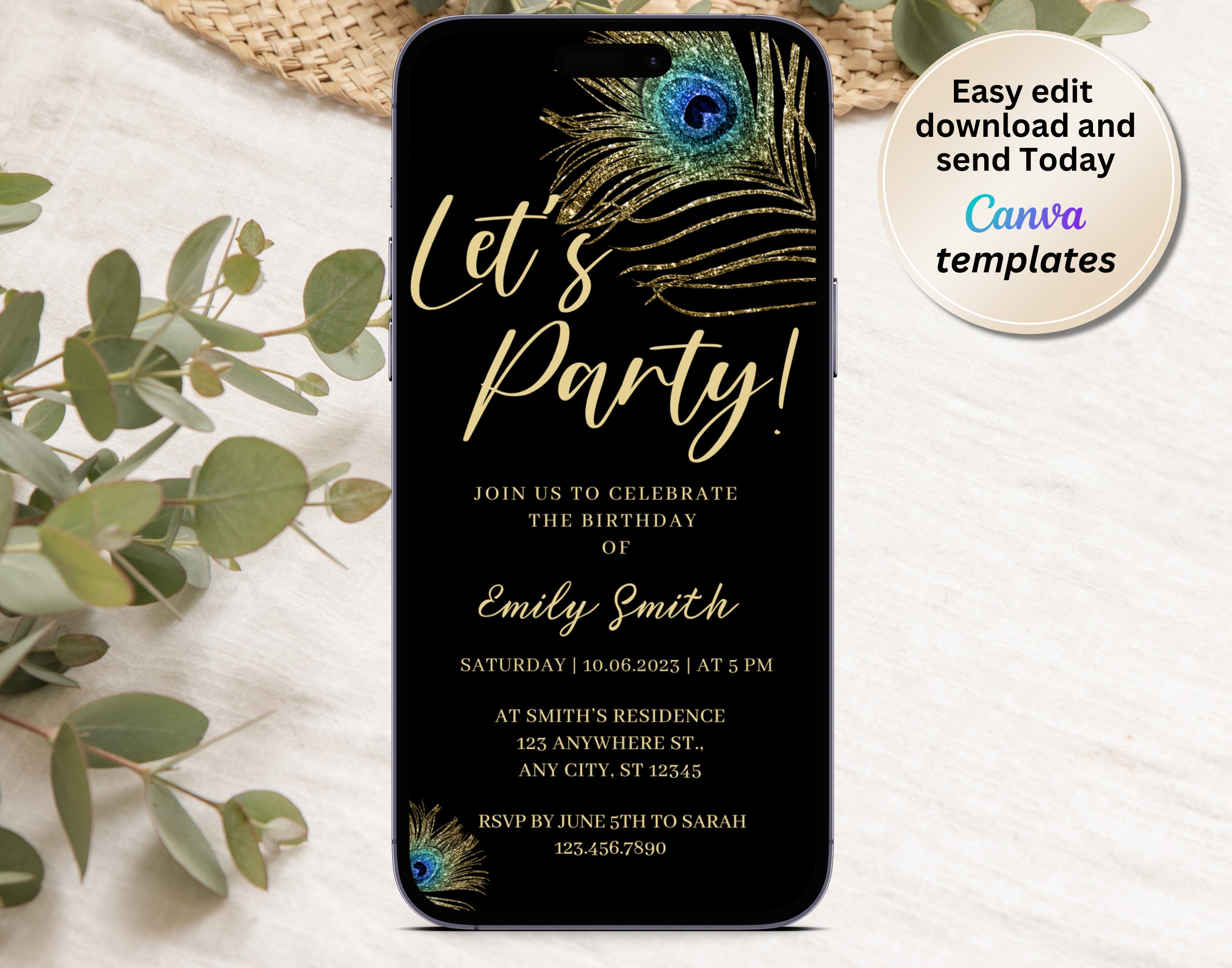 Digital Gold Peacock Feather Glitter Invitation Let's - Etsy