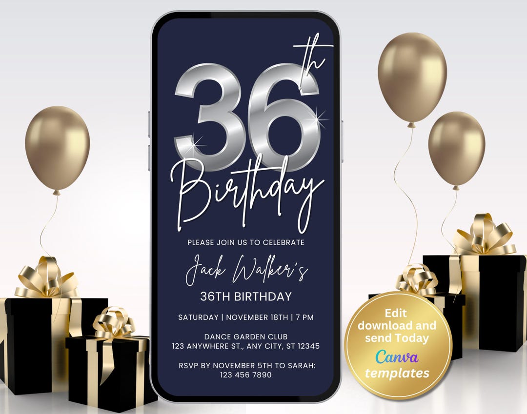 36th Birthday Party Invitation, Navy Blue and Silver Digital Invite ...