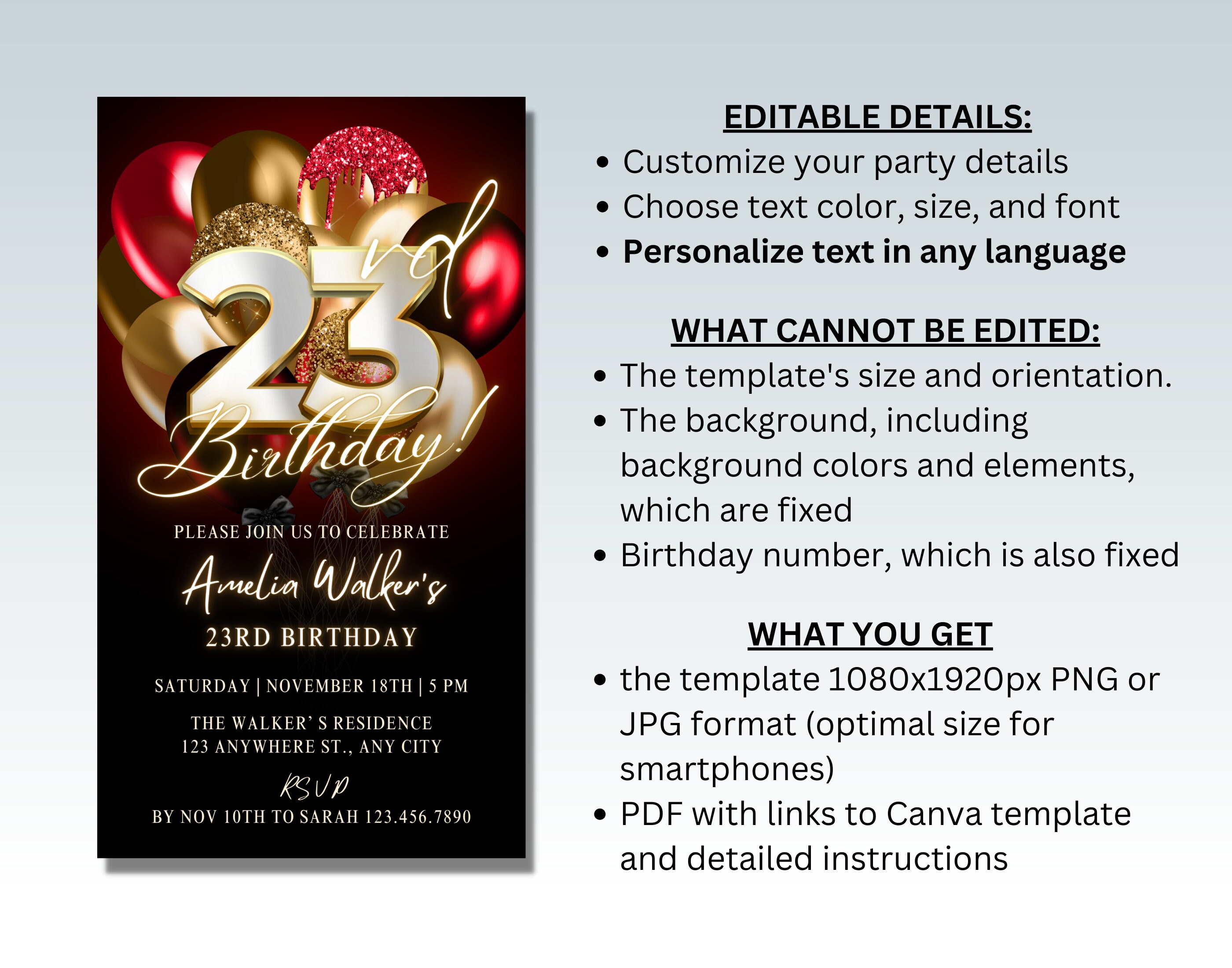 Digital 23rd Birthday Party Invitation for Girl Red Gold - Etsy