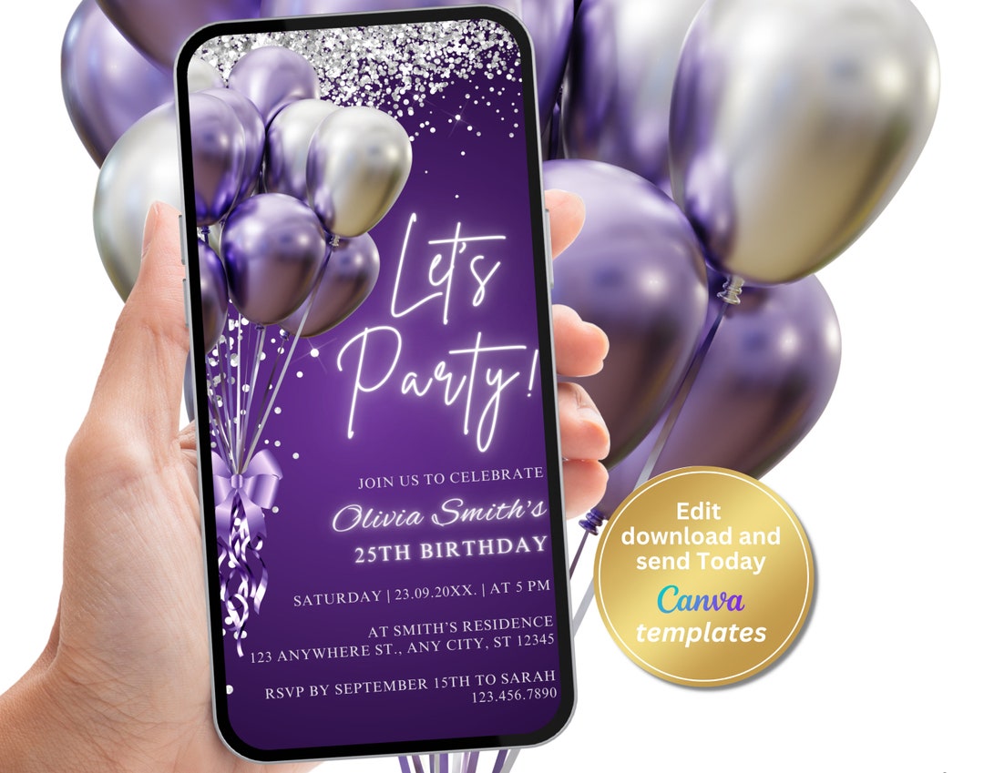 Digital Purple Birthday Party Invitation, Purple Silver Invite ...