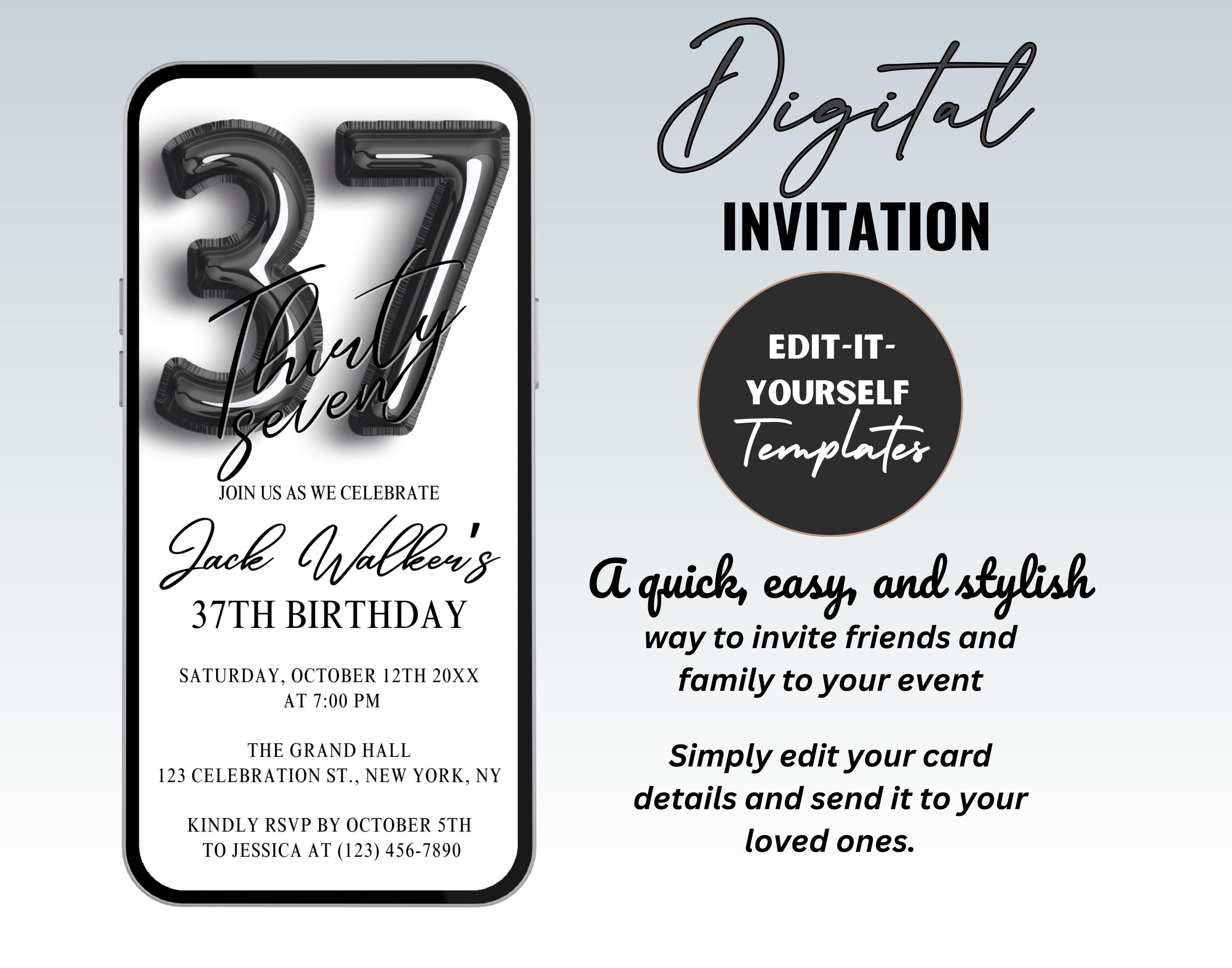 Minimalist 37th Birthday Party Invitation – Modern Digital Evite ...