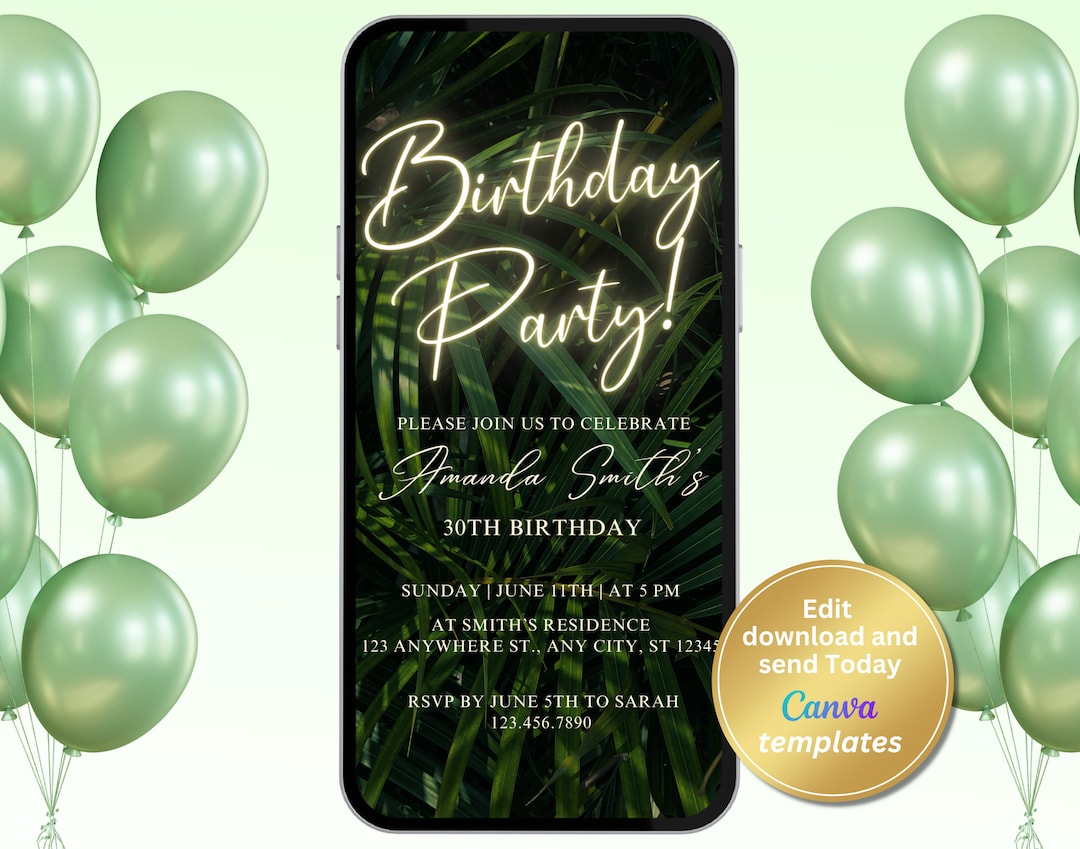 Digital Green Birthday Party Invitation, Greenery Invitation, Editable ...