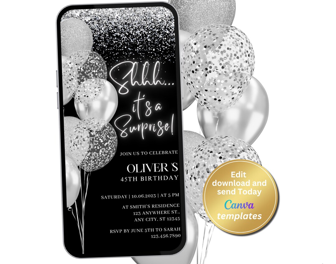 Digital Black Silver Surprise Birthday Invitation, Electronic Phone ...