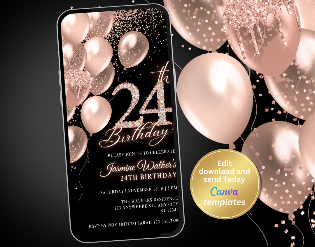 Digital 24th Birthday Party Invitation, Rose Gold Invite, Phone Text ...