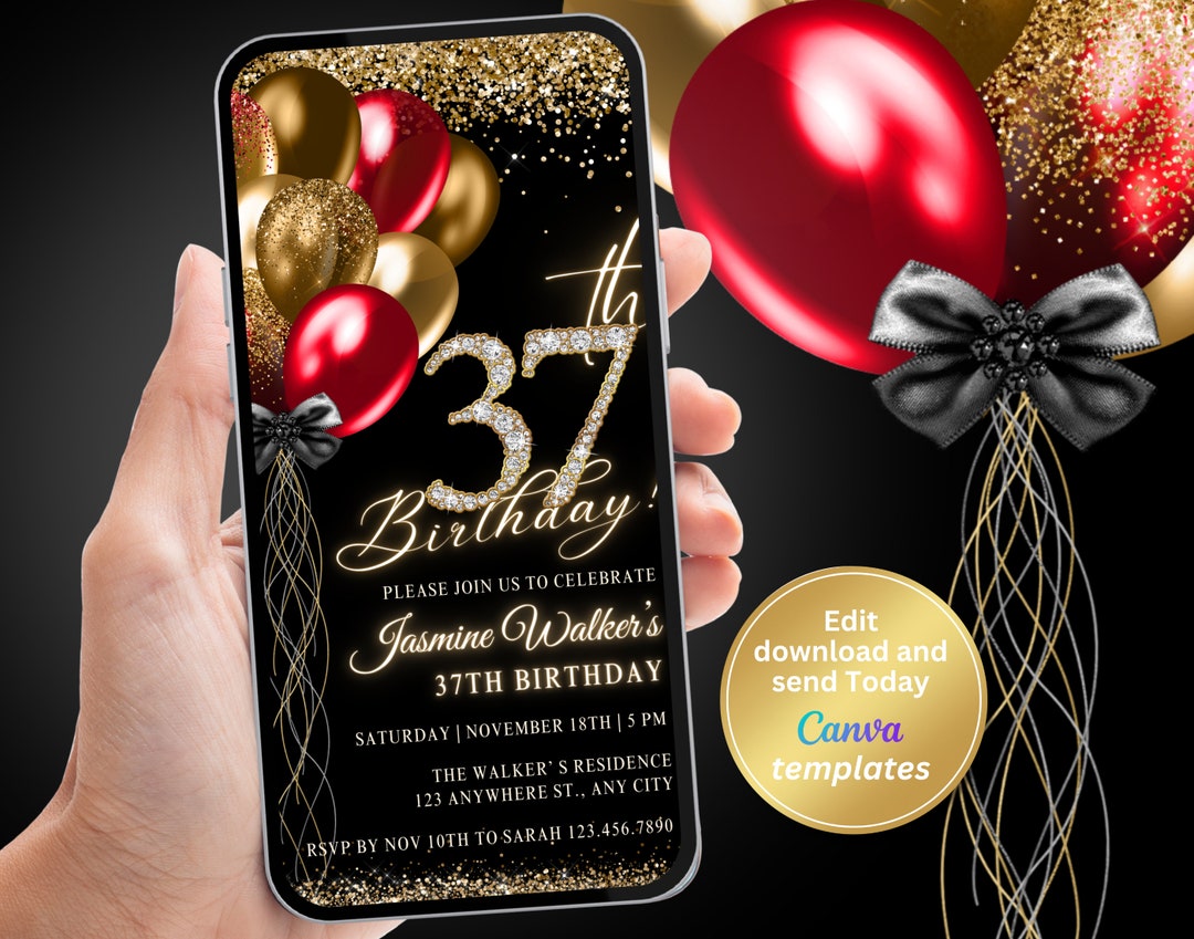 Digital 37th Birthday Party Invitation, Women Birthday Invite, Red Gold ...