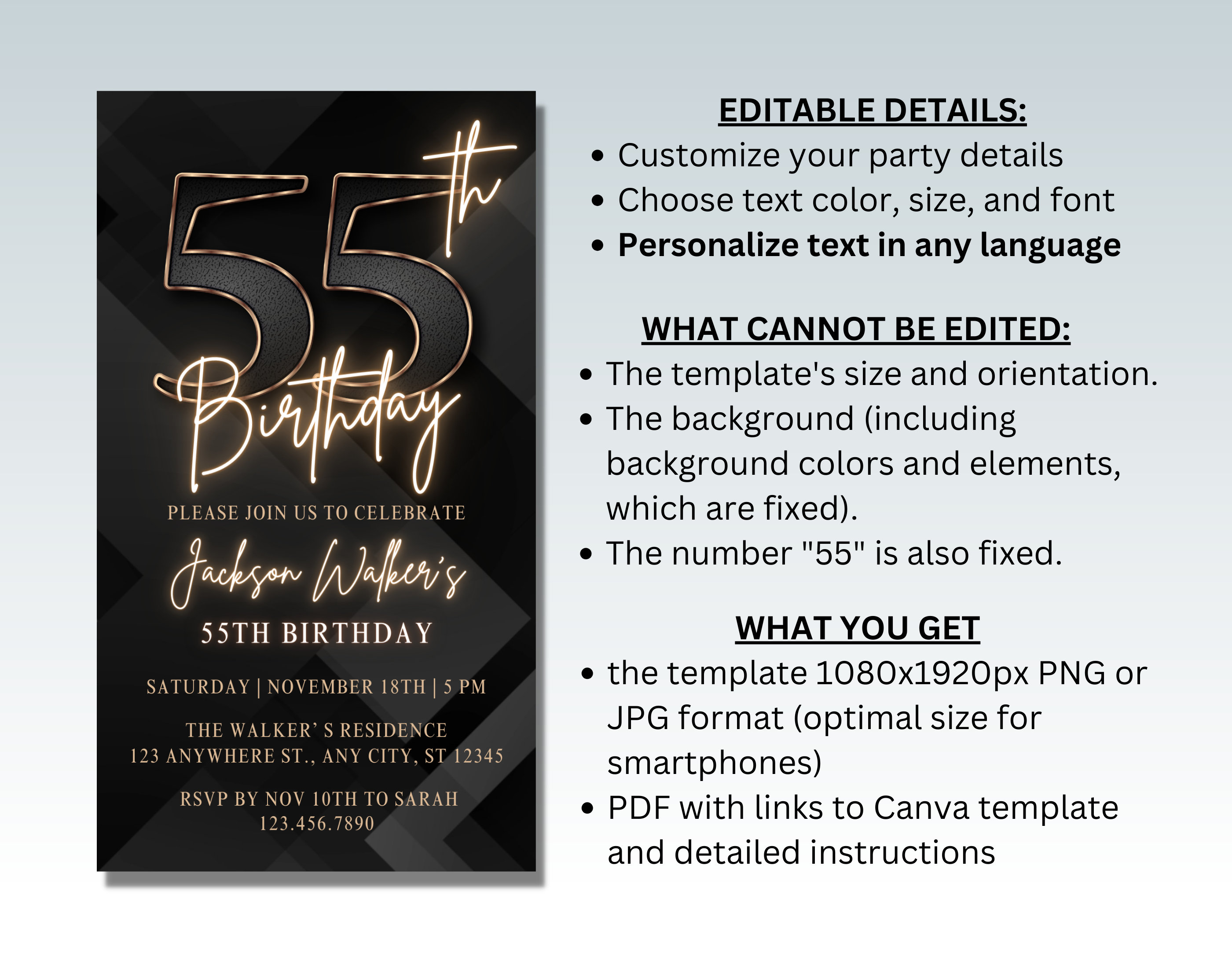 55th Birthday Party Invitation Black Gold Number Invite for - Etsy