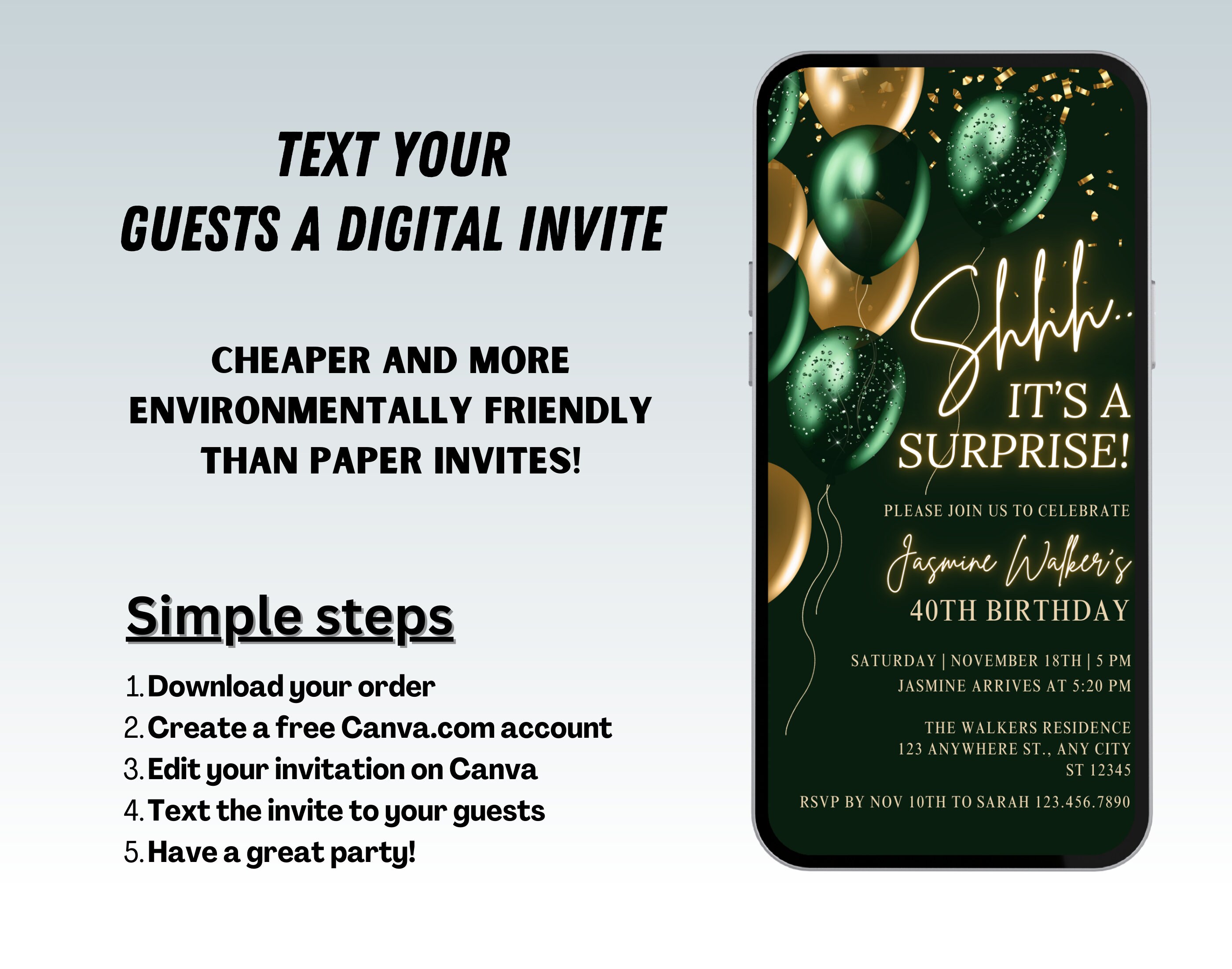 Digital Surprise Birthday Party Invitation, Emerald Green Gold Invite ...