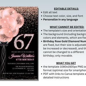 Digital 67th Birthday Party Invitation for Women, Rose Gold Invite ...