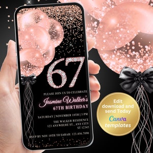 Digital 67th Birthday Party Invitation for Women, Rose Gold Invite ...