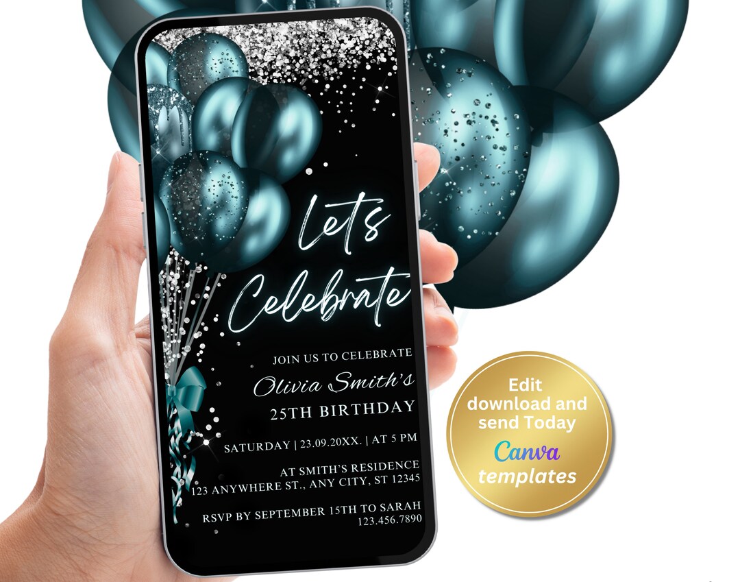 Digital Black Teal Silver Birthday Party Invitation, Phone Text Message ...