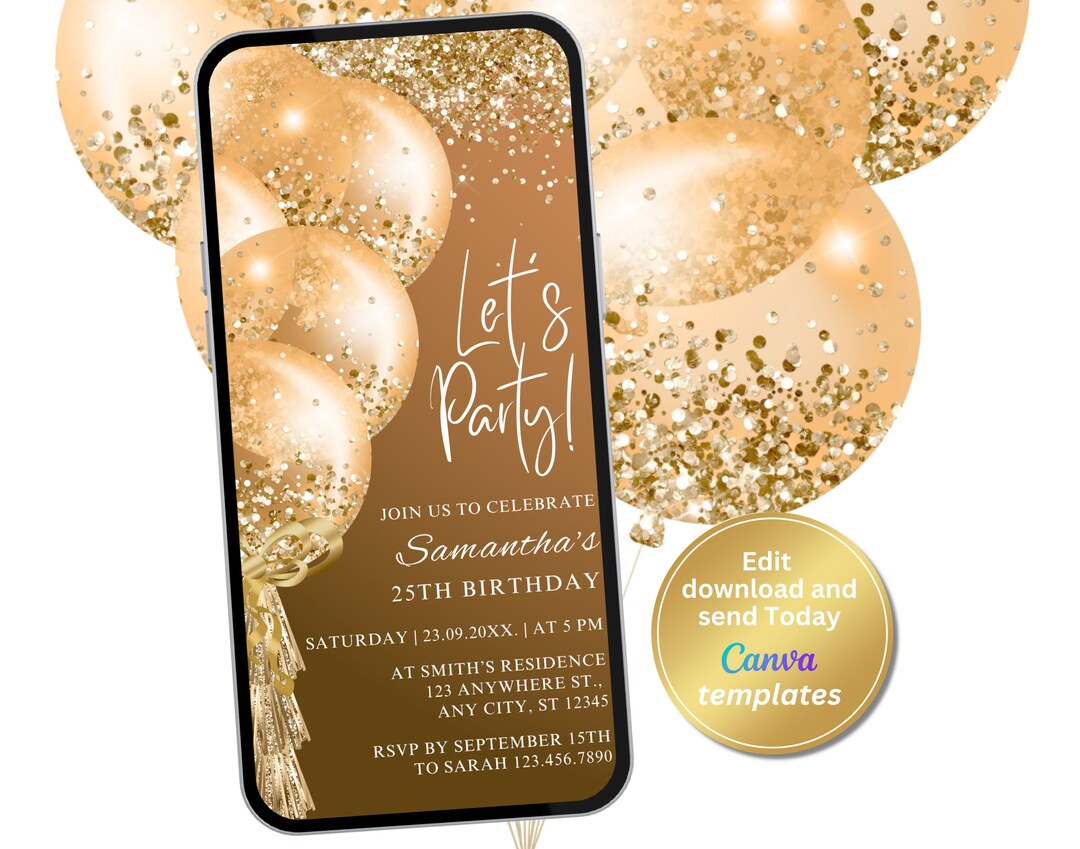 Editable Pastel Orange Balloons Birthday Party Invitation, Gold Glitter ...