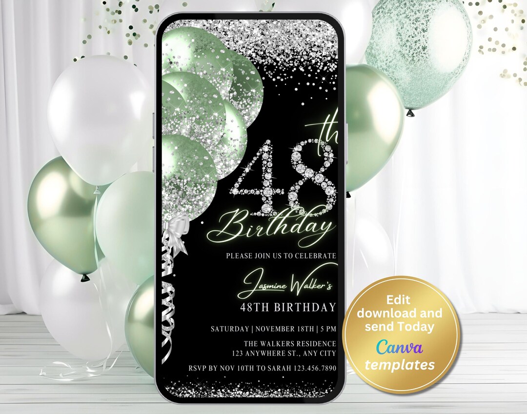 Digital 48th Birthday Party Invitation, Sage Green Balloons, Silver ...