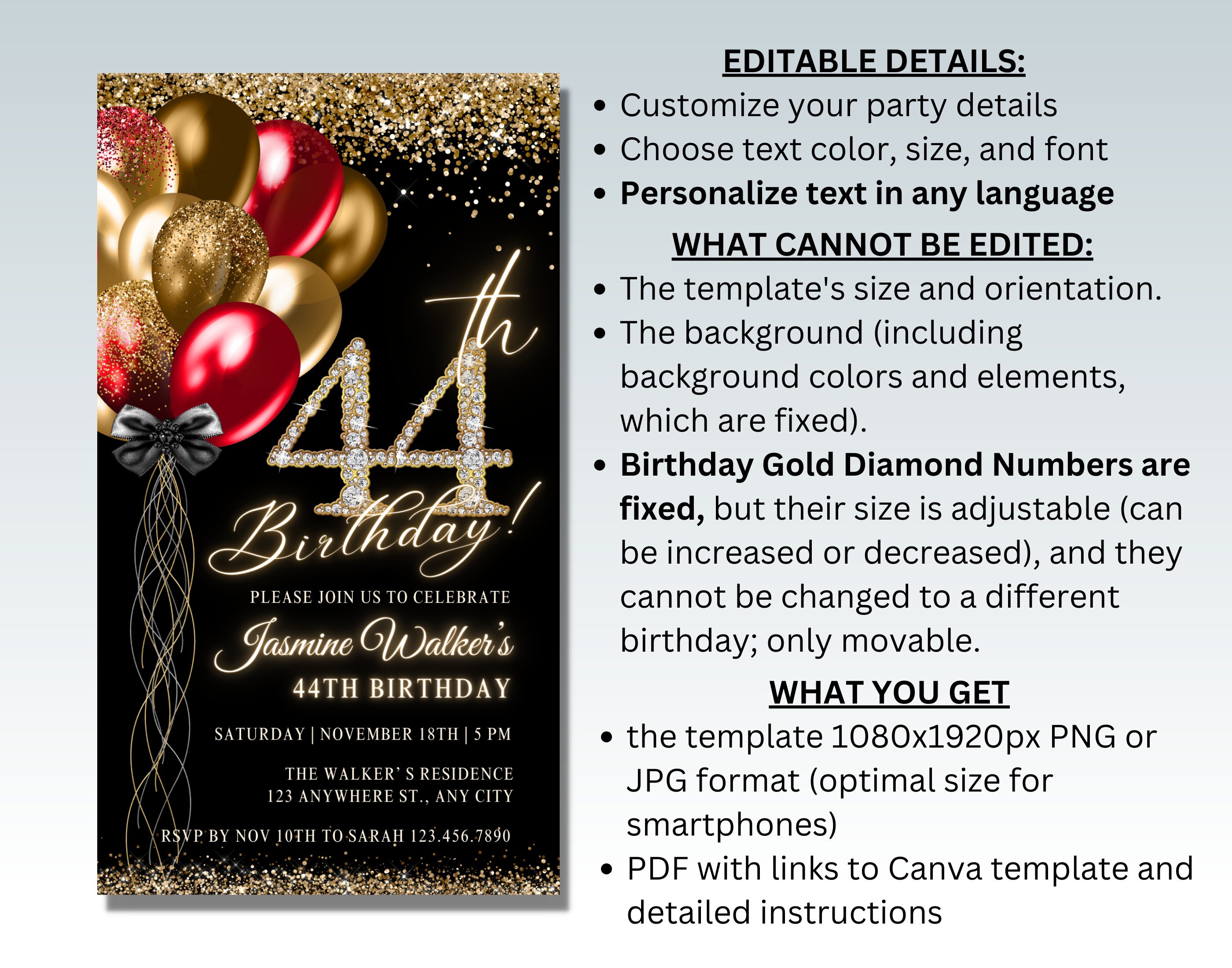 Digital 44th Birthday Party Invitation, Women Birthday Invite, Red Gold ...