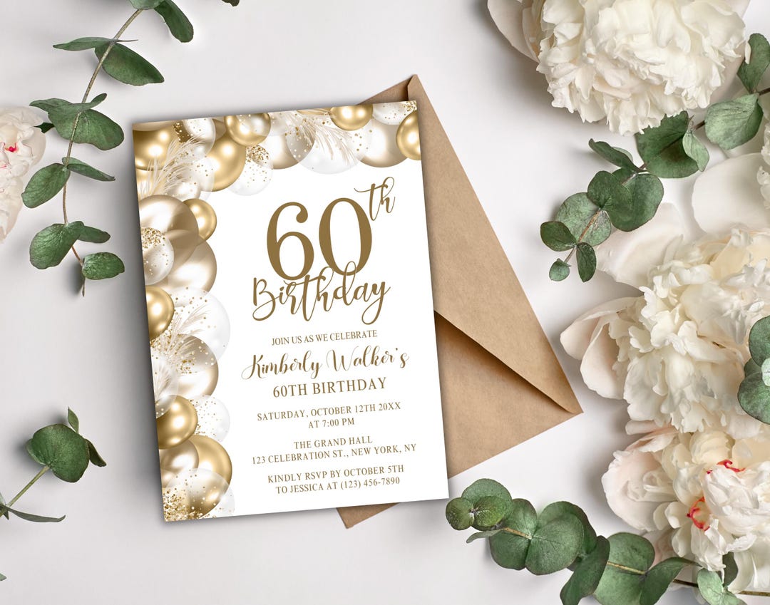 60th Birthday Invitation for Women – White Gold Invite – Editable Canva ...