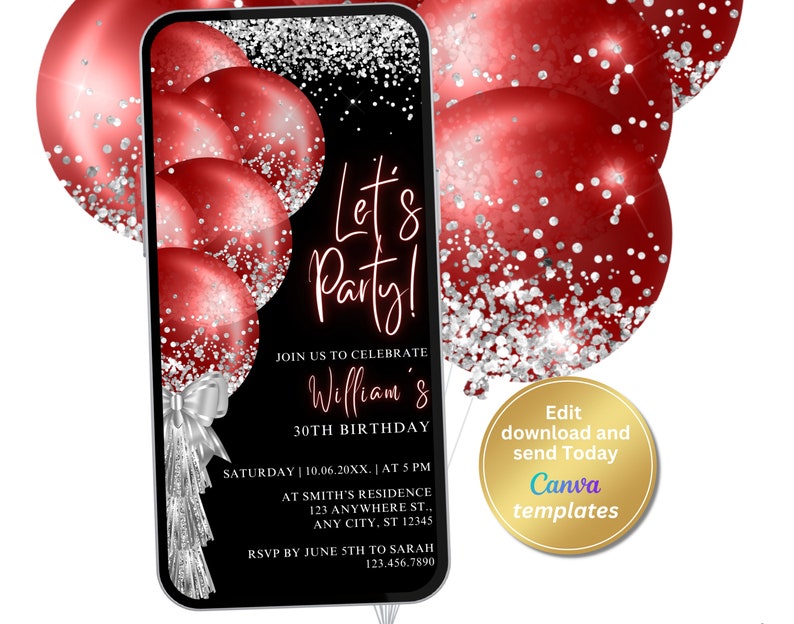 Digital Black Red Birthday Party Invitation Red Silver - Etsy