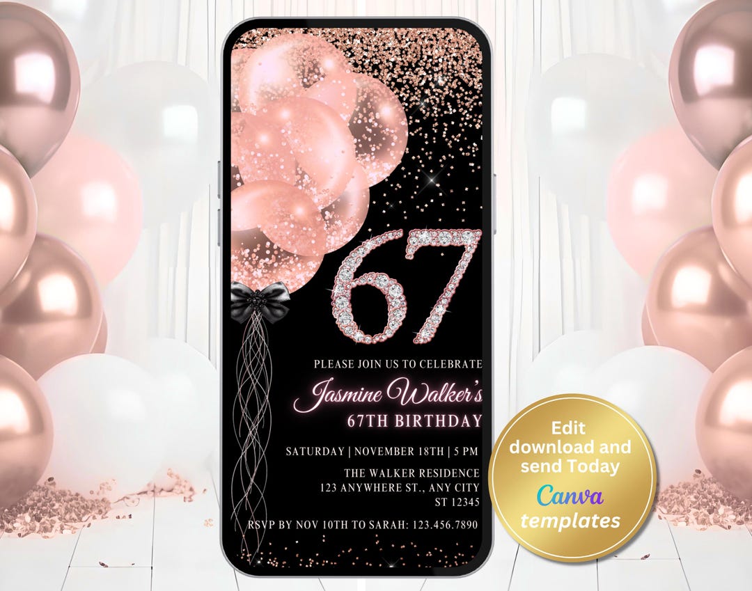 Digital 67th Birthday Party Invitation for Women, Rose Gold Invite ...