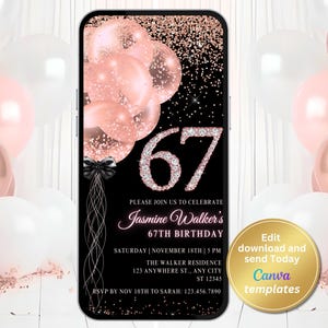 Digital 67th Birthday Party Invitation for Women, Rose Gold Invite ...