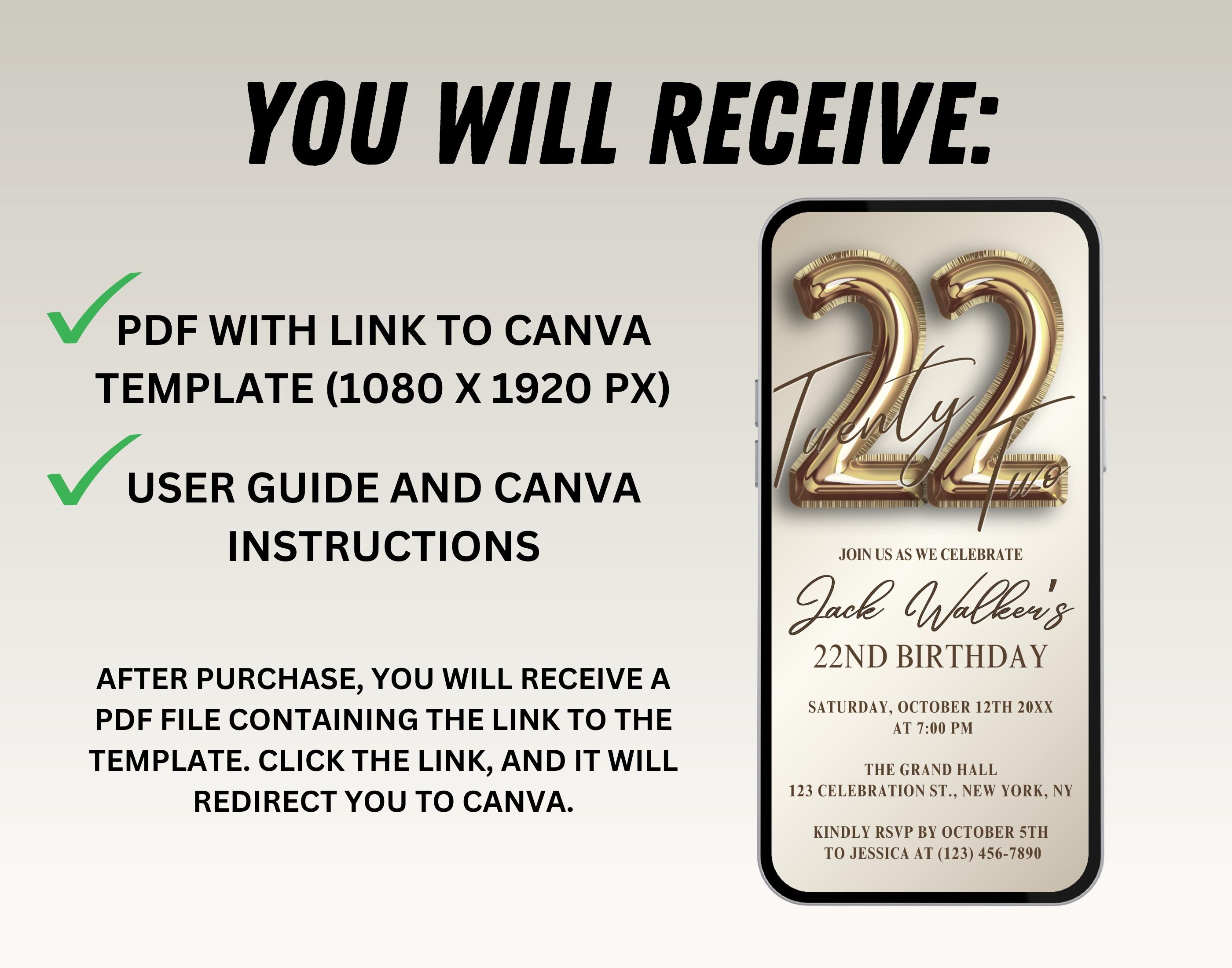 Minimalist 22nd Birthday Invitation – Gold Foil Digital Evite for Men ...