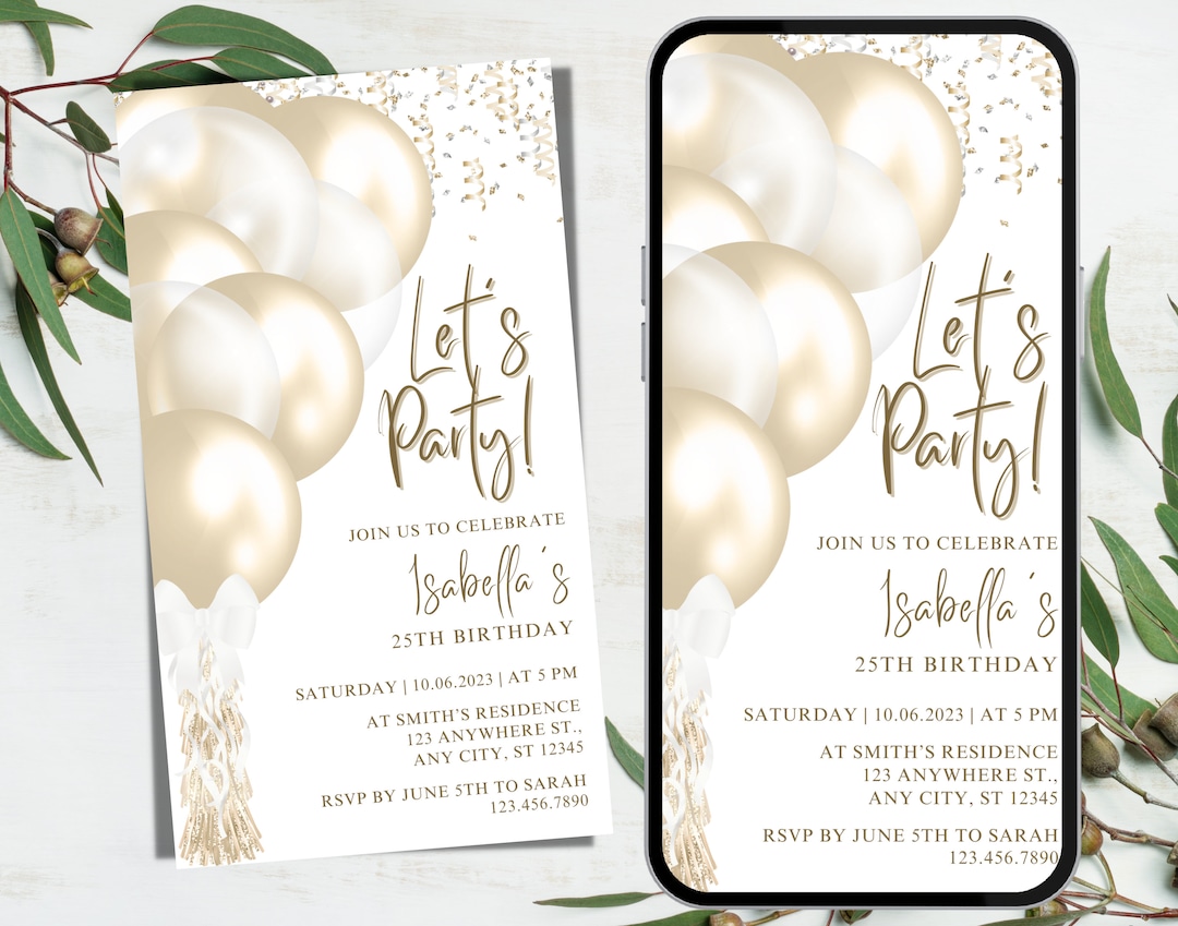 Digital White Gold Birthday Invitation Any Age Electronic - Etsy