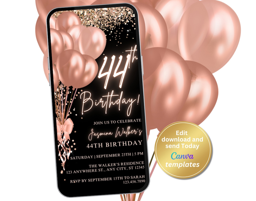 Digital 44th Birthday Party Invitation, Black Rose Gold, Phone Text ...