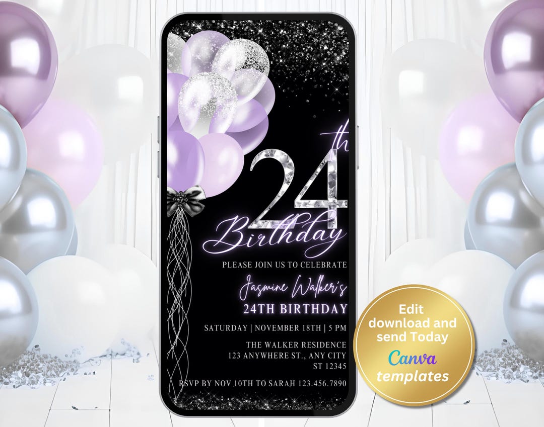 Digital 24th Birthday Party Invitation for Girl, Birthday Silver ...