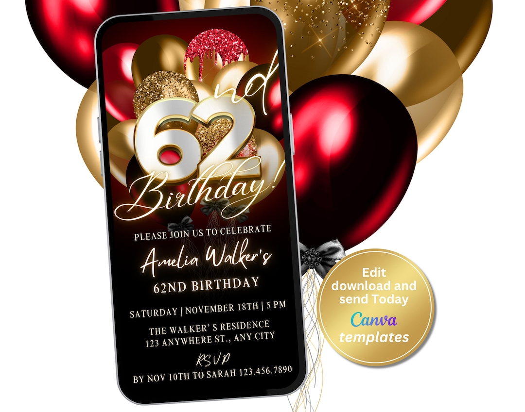 Digital 62nd Birthday Party Invitation for Women, Red Gold Invite ...