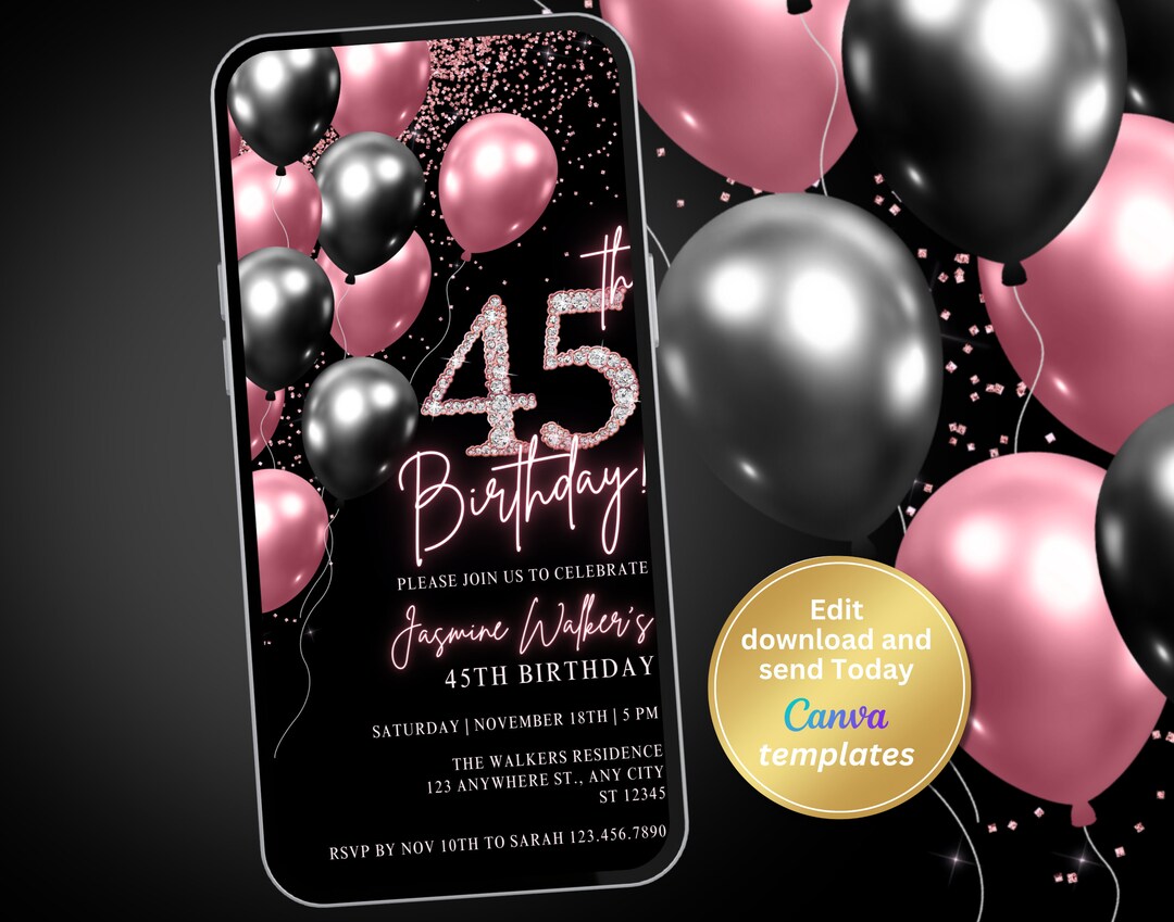 Digital 45th Birthday Party Invitation for Women, Rose Gold Invite ...