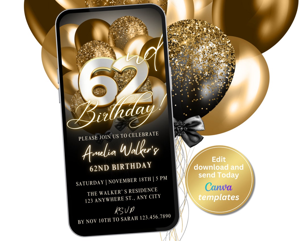Digital 62nd Birthday Party Invitation, Black Gold Invite, Invitation ...