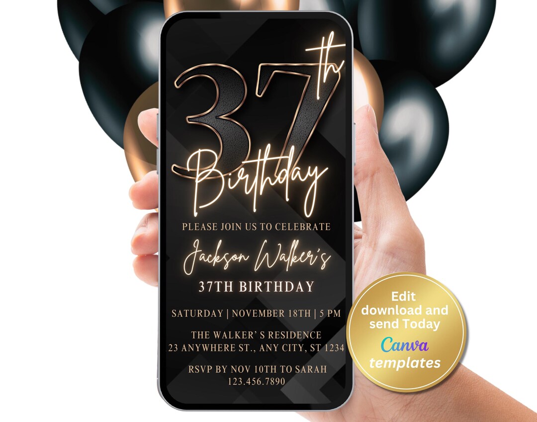 Editable 37th Birthday Invitation Template for Him, Digital Invite ...