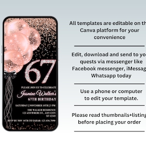 Digital 67th Birthday Party Invitation for Women, Rose Gold Invite ...