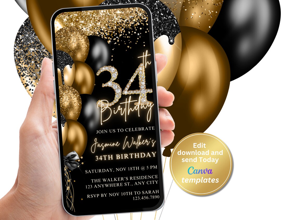 Digital 34th Birthday Invitation, for Women, Black Gold, Diamond, Phone ...