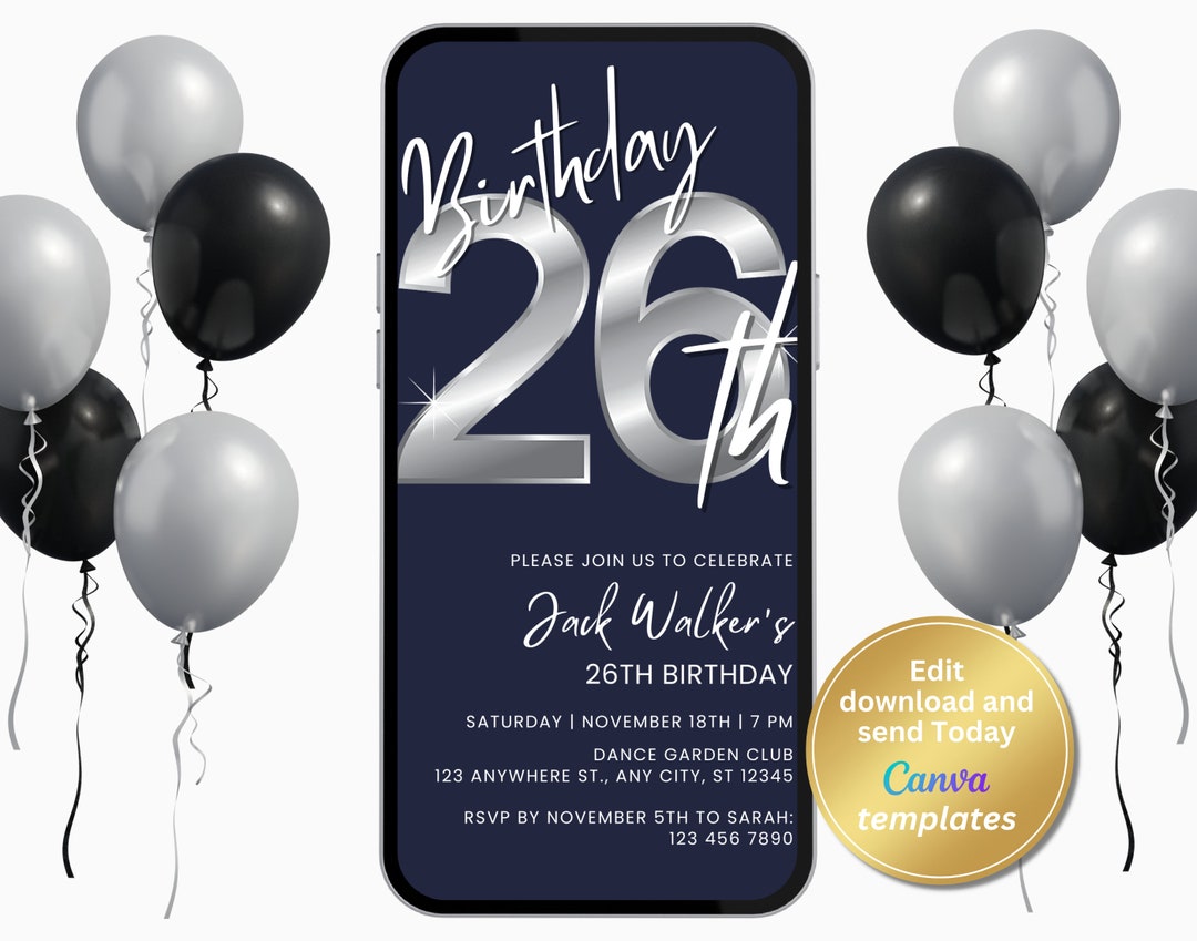 Editable Digital 26th Birthday Invitation With Navy Blue Background ...