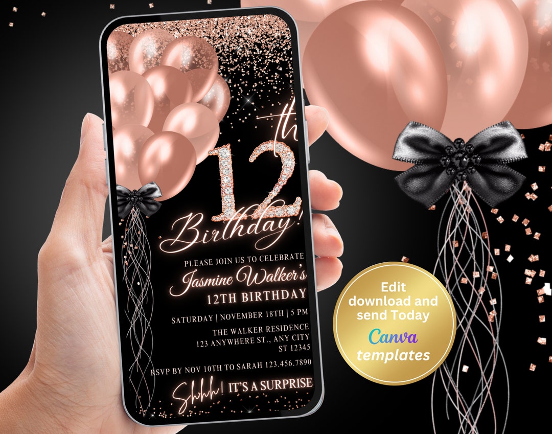 Digital 12th Birthday Party Invitation for Girl, Surprise & Regular ...