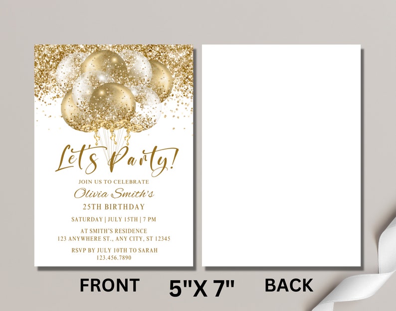 Printable White Gold Birthday Party Invitation 5x7 Template - Etsy