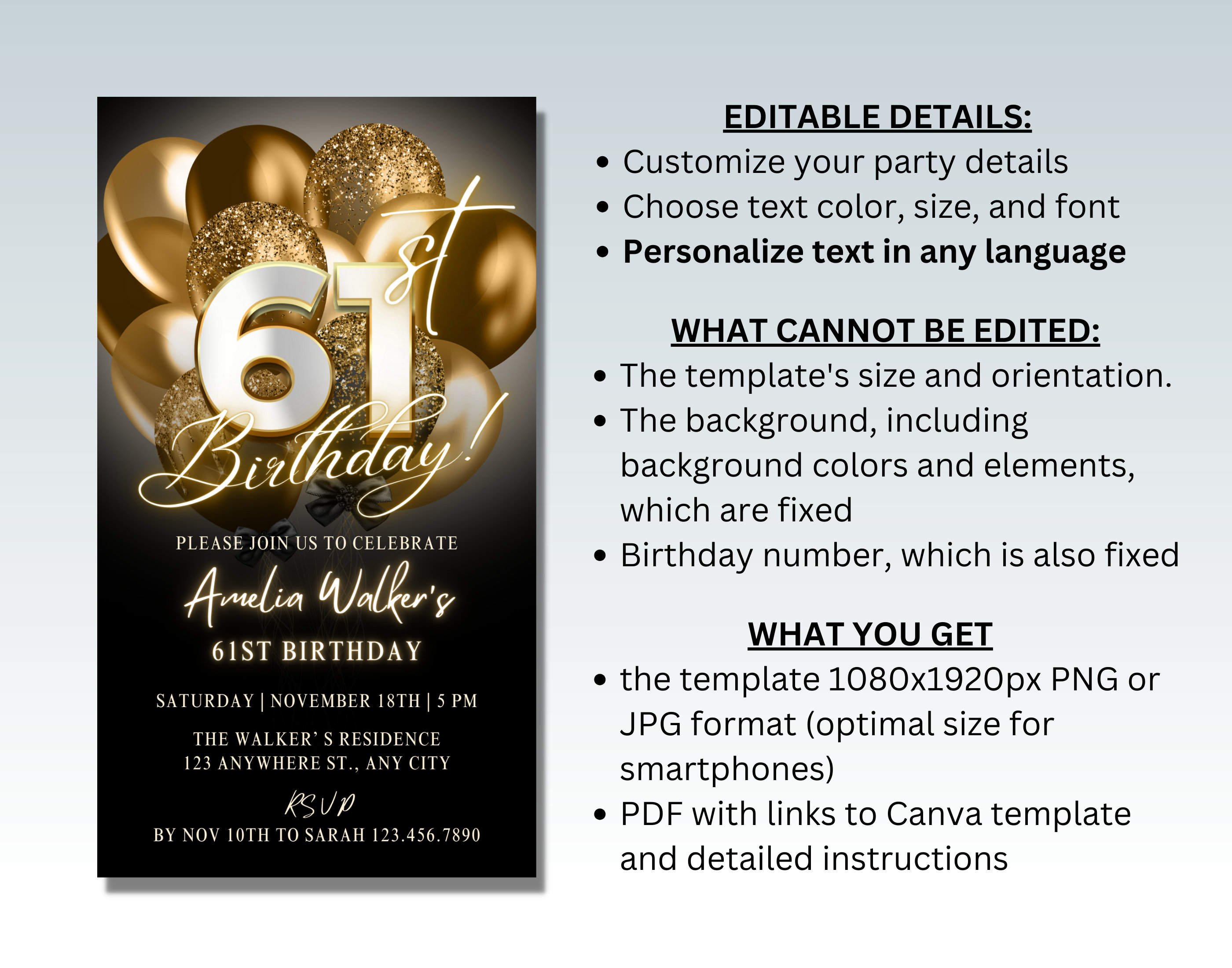Digital 61st Birthday Party Invitation Black Gold Invite - Etsy
