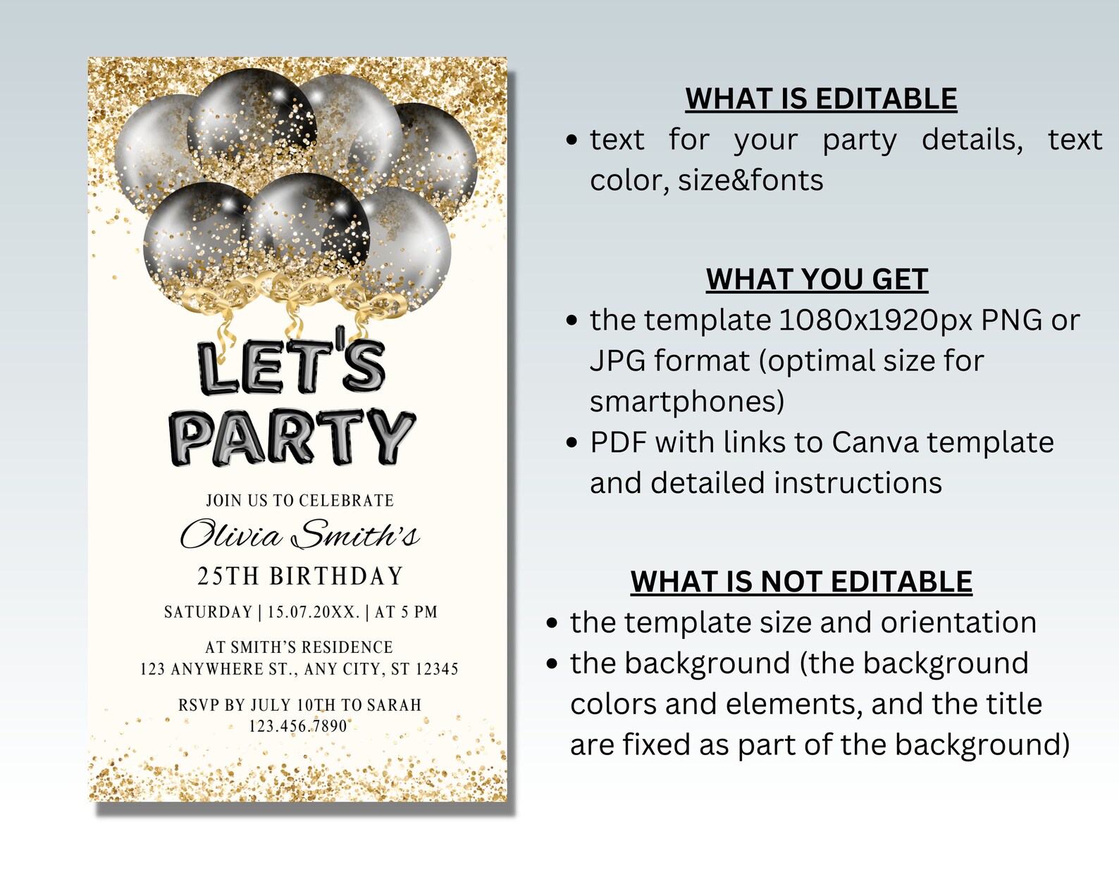 Digital Ivory Black Gold Birthday Party Invitation Black Gold - Etsy