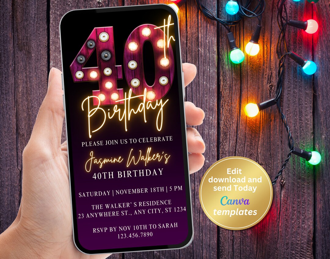 40th Birthday Party Invitation, Marquee Number Invite, Purple, Digital ...