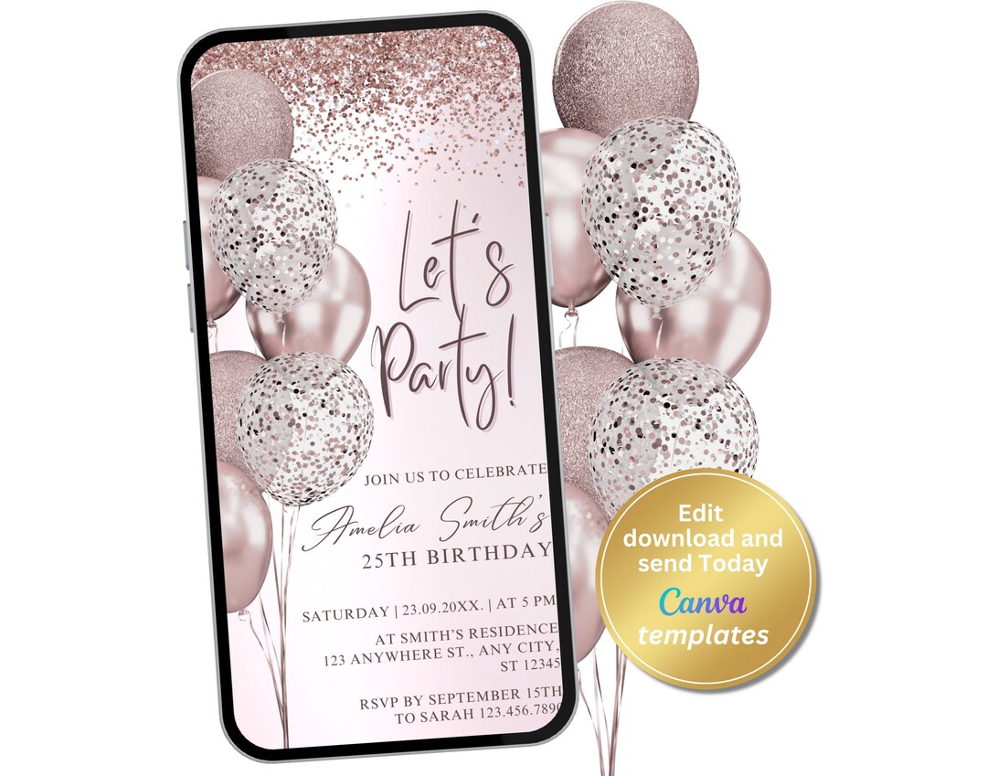 Digital Rose Gold Birthday Invitation Glitter Balloons - Etsy
