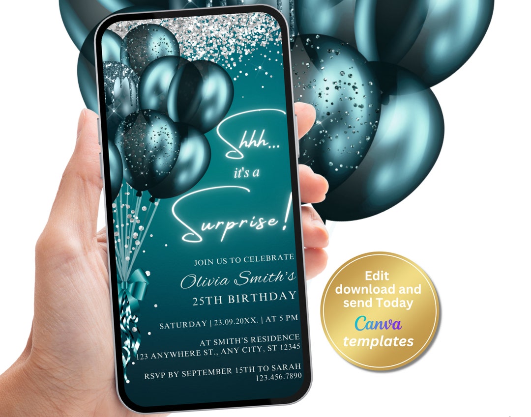 Digital Teal Silver Surprise Birthday Party Invitation, Surprise Invite ...