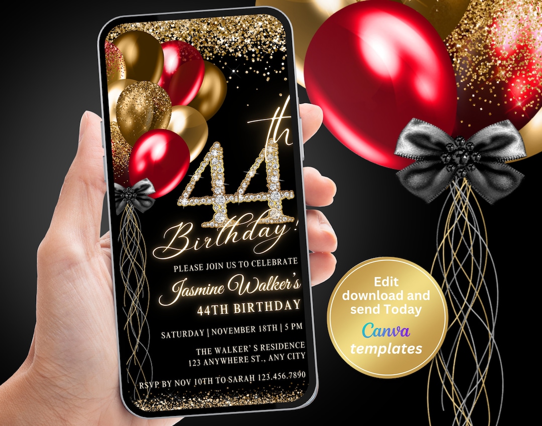 Digital 44th Birthday Party Invitation, Women Birthday Invite, Red Gold ...
