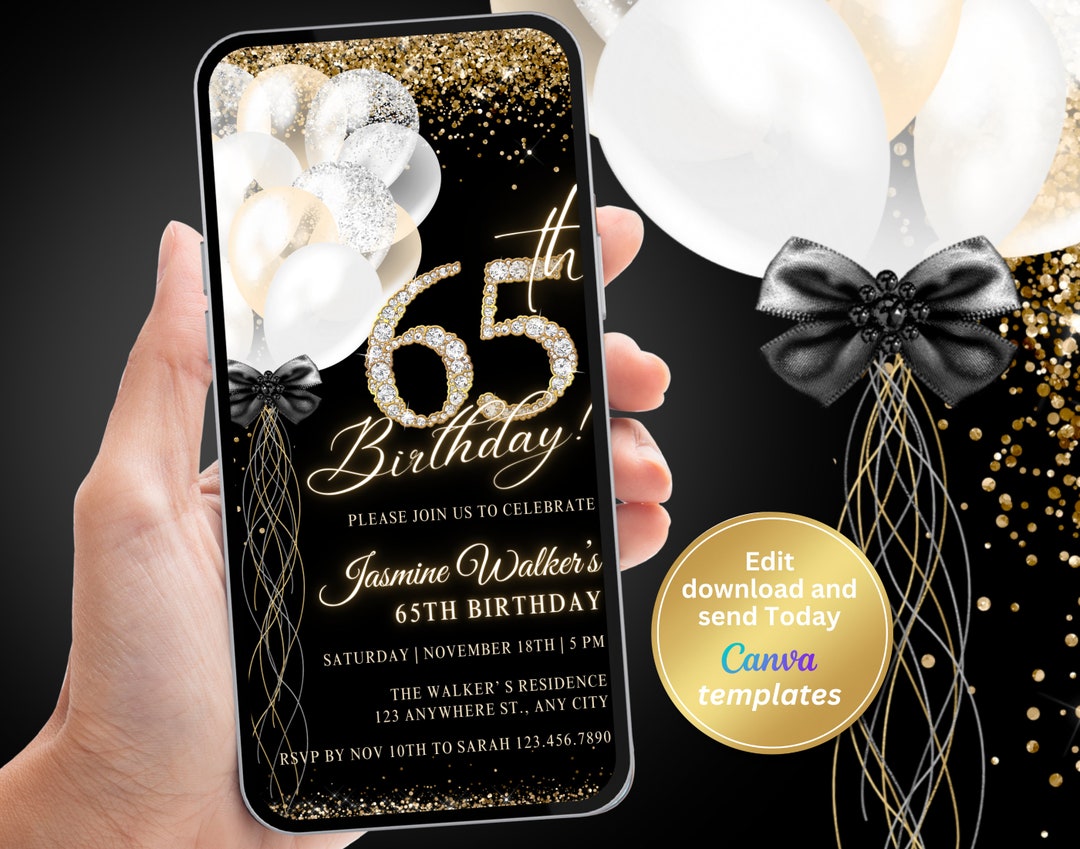 Digital 65th Birthday Party Invitation, Black White Gold Invite, Phone ...