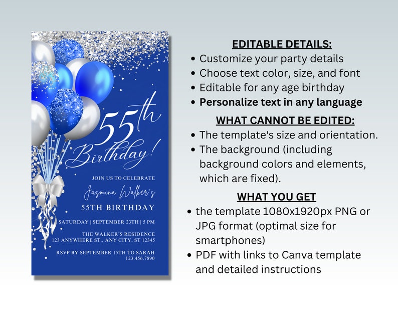 Digital 55th Birthday Party Invitation, Royal Blue Silver, Sapphire ...