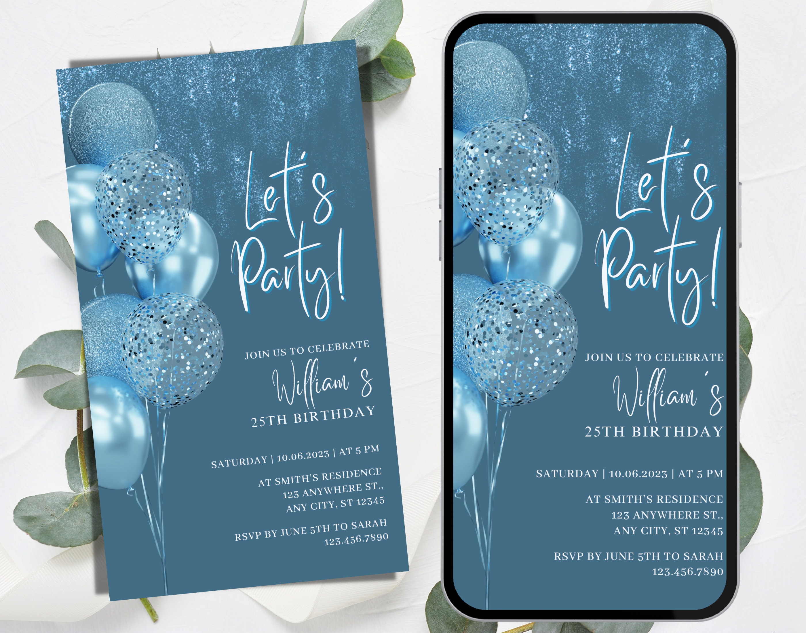 Editable Blue Birthday Party Invitation Baby Blue Kashmir - Etsy