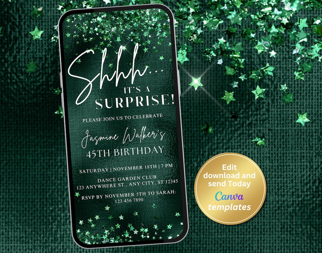 Digital Emerald Green Surprise Birthday Party Invitation, Text Message ...