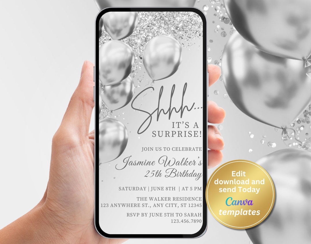 Digital Silver Surprise Party Invitation, Editable Template, Instant ...
