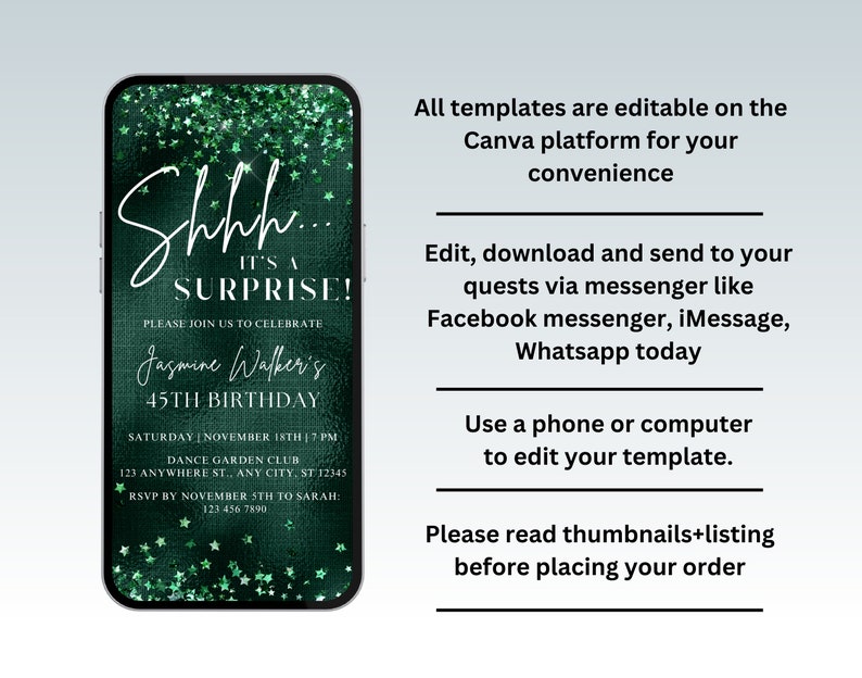 Emerald Green Surprise Birthday Invitation, Elegant Adult Party Invite ...