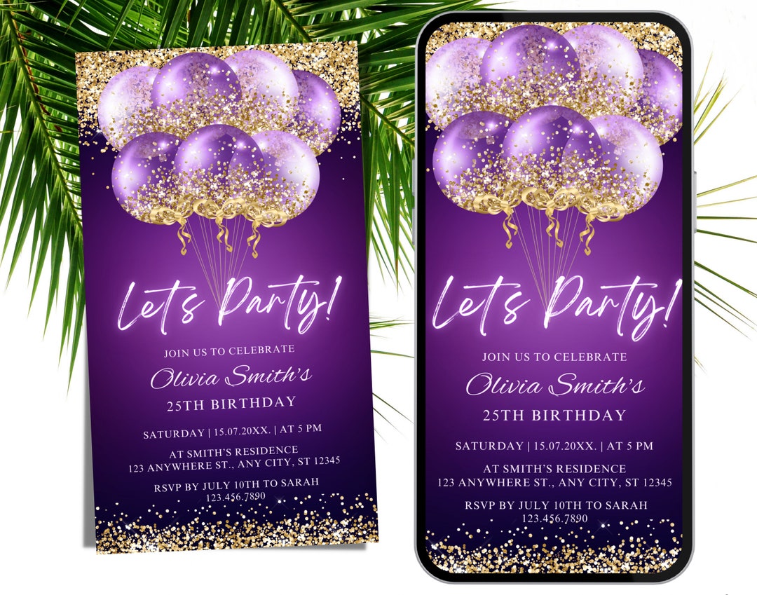 Digital Purple Birthday Party Invitation Purple Gold - Etsy