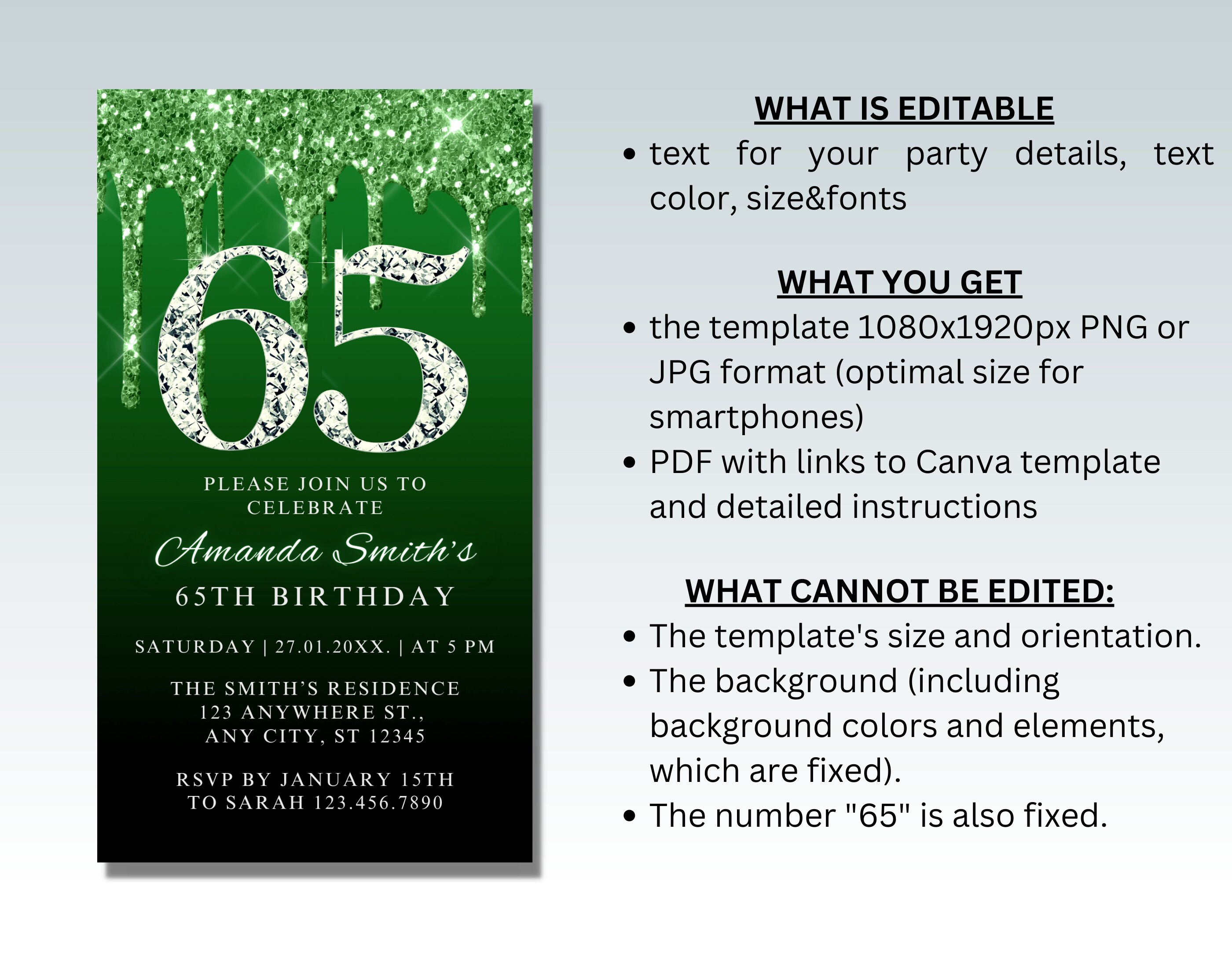 Digital 65th Birthday Party Invitation Green Silver Diamond - Etsy