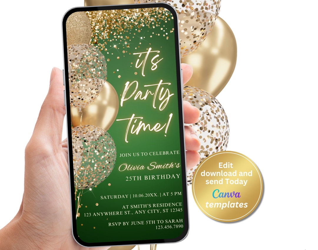 Digital Green Gold Birthday Party Invitation, It's Party Time, Editable ...